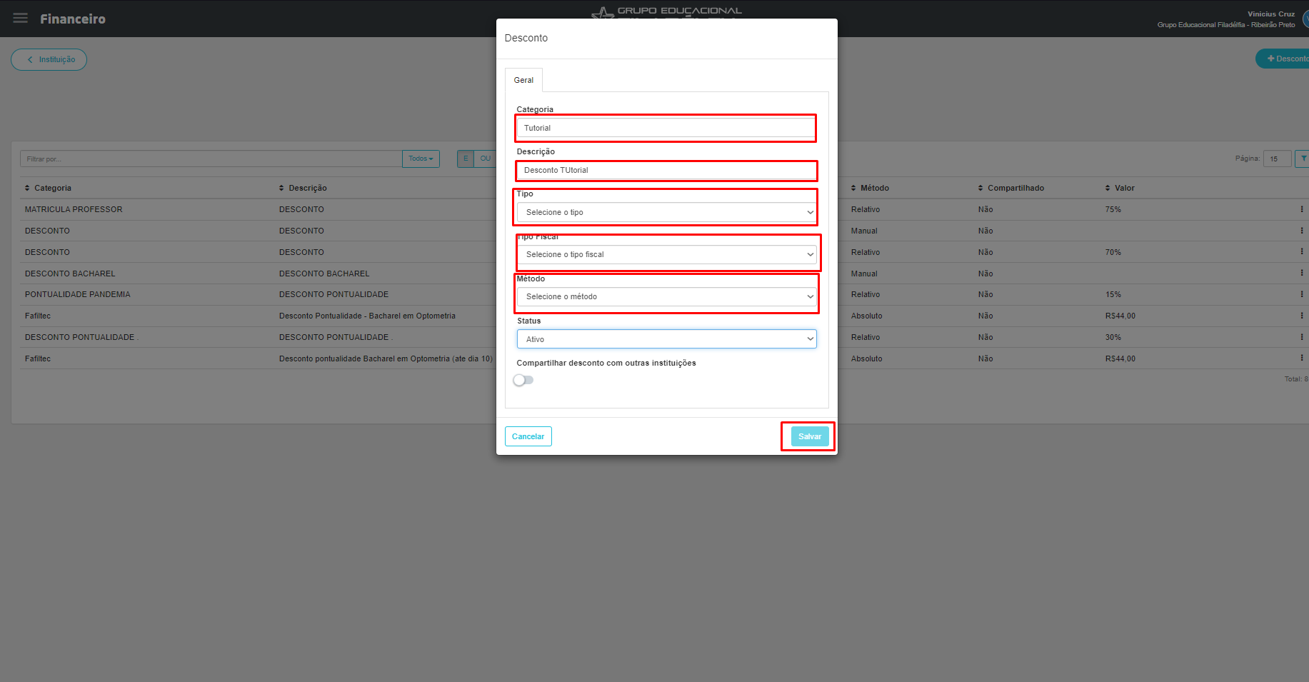 Como criar e aplicar desconto Gennera – Grupo Educacional Filadelfia