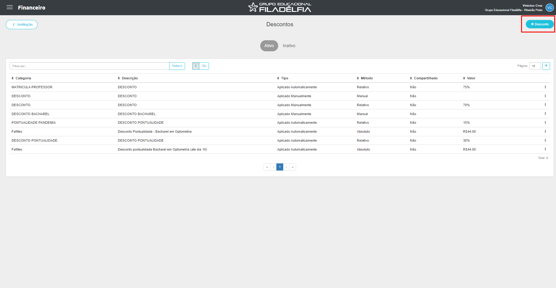 Como criar e aplicar desconto Gennera – Grupo Educacional Filadelfia
